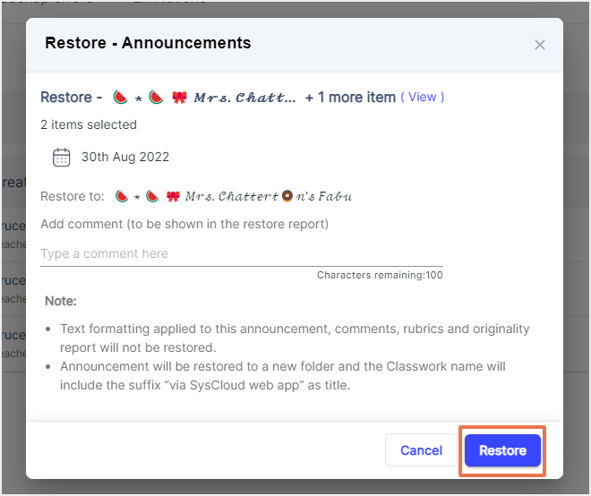 How to restore Google Classroom Announcement data from the SysCloud application?